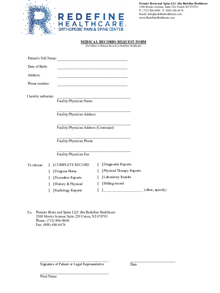 Fillable Online MEDICAL RECORDS REQUEST FORM - Redefine Healthcare Fax ...