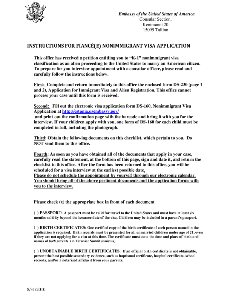 Fillable Online instructions for fianc(e) nonimmigrant visa application ...