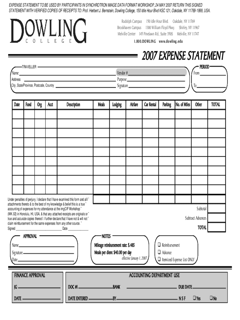 Fillable Online 2007 expense statement form REVISED January 2007:Layout ...