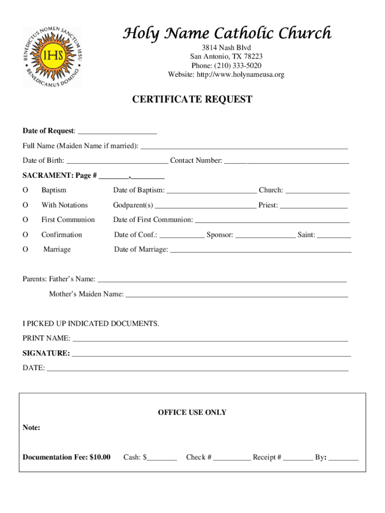 Fillable Online Certificate Request - San Antonio - Holy Name Catholic Church Fax Email Print ...