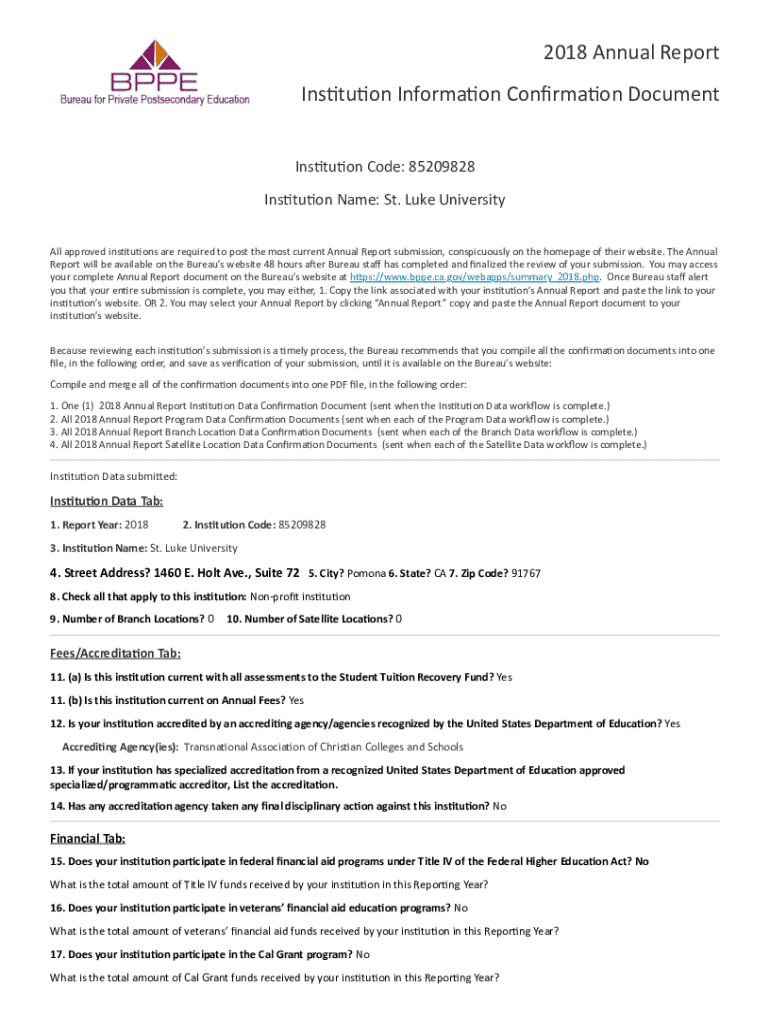 Fillable Online 01 Annual Report Ins tu on Informa on Confirma on Document Fax Email Print ...