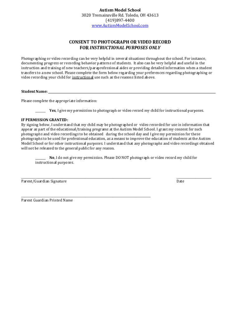 Fillable Online Consent to Photograph or Video Record for Instructional ...