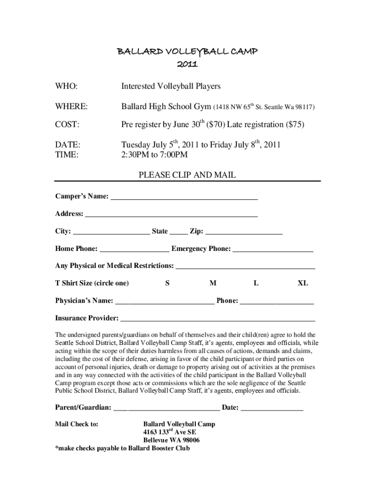 Fillable Online BALLARD VOLLEYBALL CAMP Fax Email Print - pdfFiller