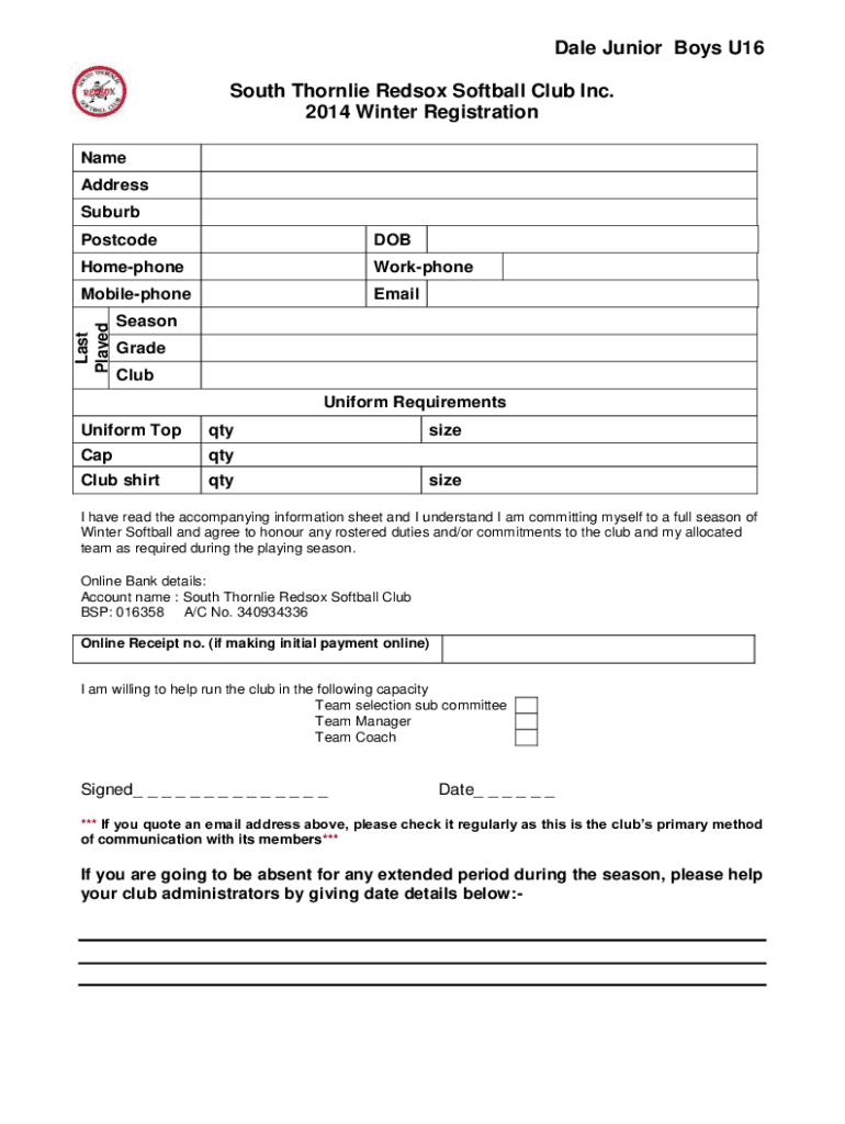 Fillable Online Dale Junior Boys U16 South Thornlie Redsox Softball ...