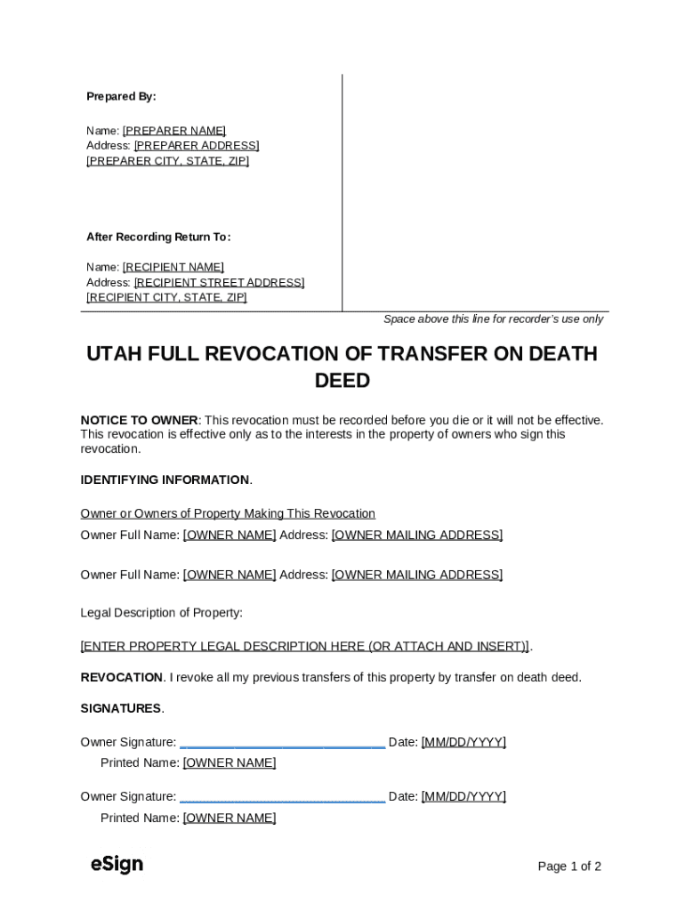 Utah Full Revocation of Transfer on Death Deed Doc Template | pdfFiller