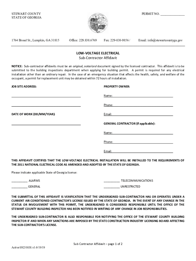 Fillable Online LOW-VOLTAGE ELECTRICAL Sub-Contractor Affidavit Fax Email Print - pdfFiller