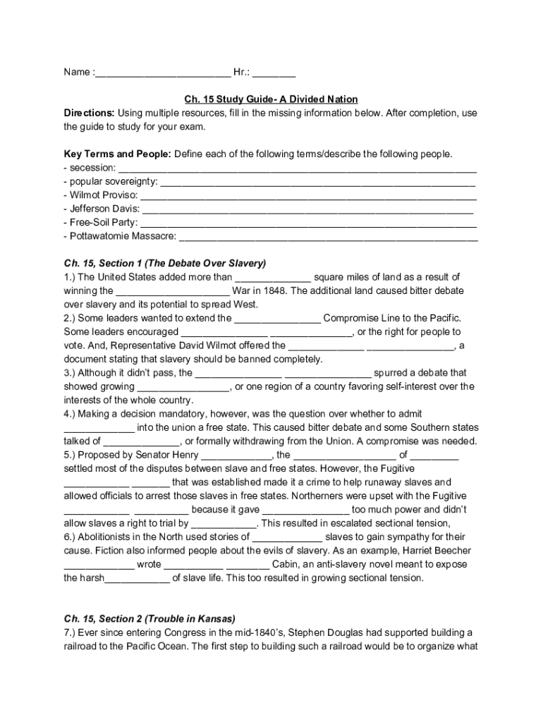 Fillable Online Ch 15 A Divided Nation (STUDY GUIDE ONLY) Flashcards Fax Email Print - pdfFiller