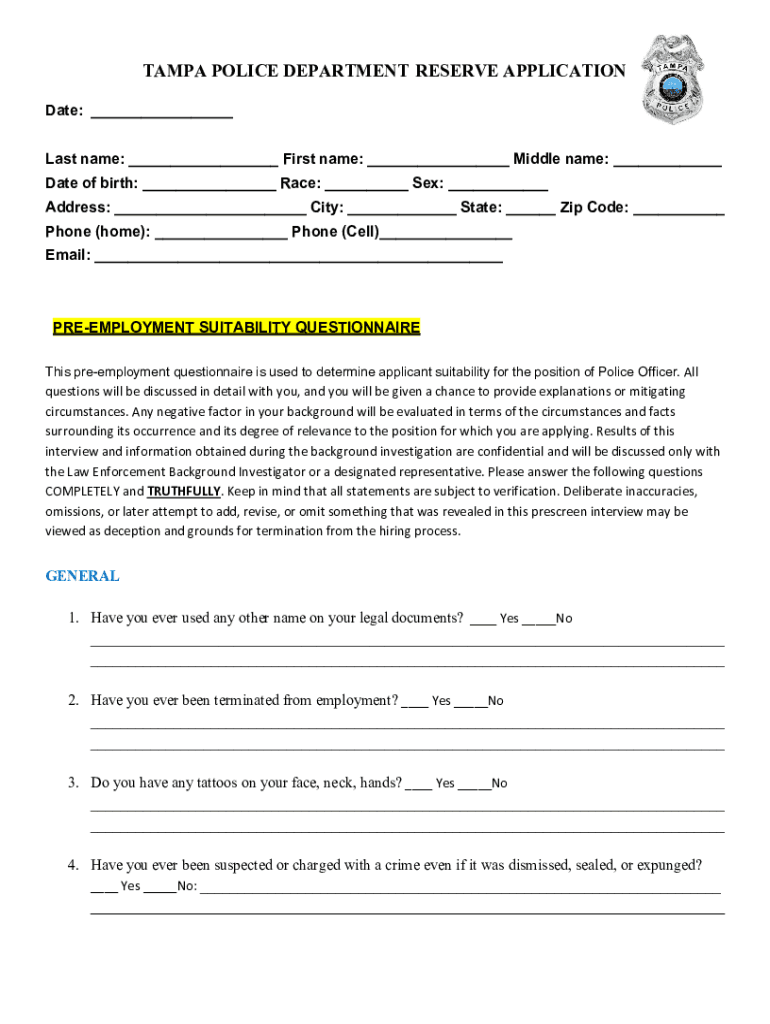 Fillable Online TAMPA POLICE DEPARTMENT RESERVE APPLICATION Fax Email ...