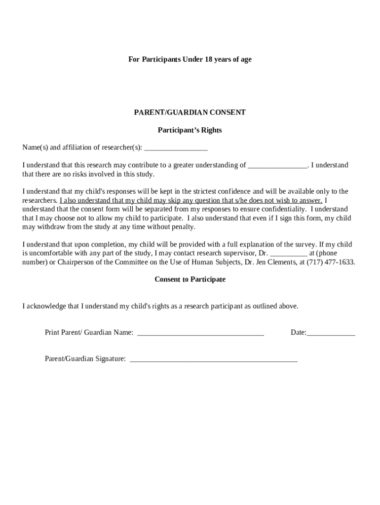 Sample Parental Consent. For Participants Under 18 years of agePARENT/GUARDIAN ...