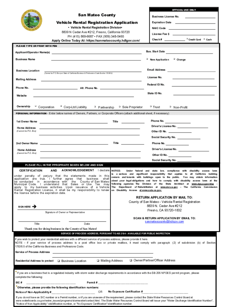 Fillable Online San Mateo County Vehicle Rental Registration ...