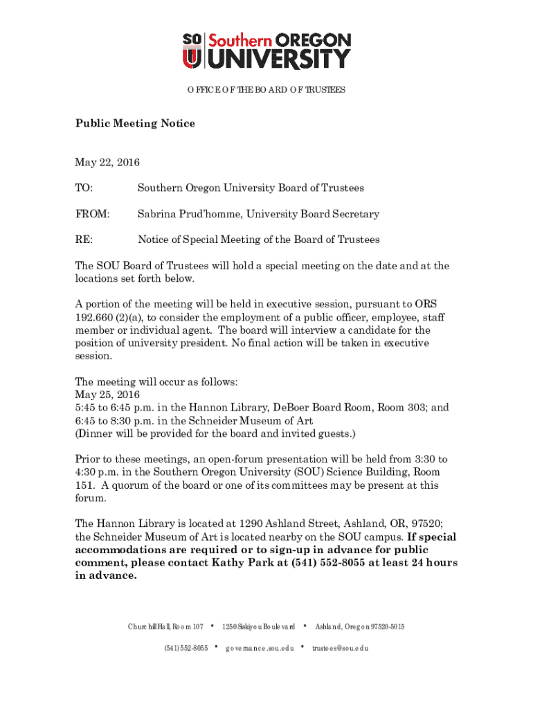 Fillable Online Southern Oregon University Board of Trustees FROM Fax ...