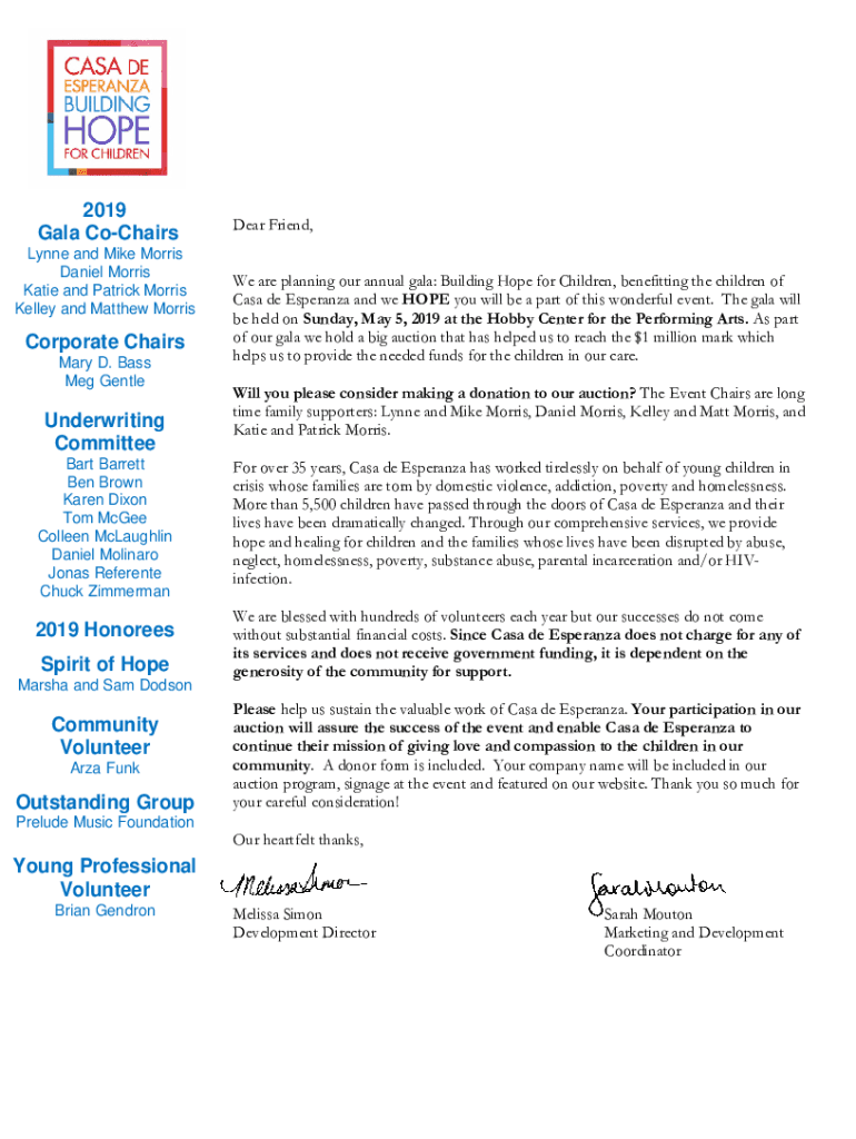 Fillable Online 2019 Gala Co-Chairs Corporate Chairs Underwriting ...