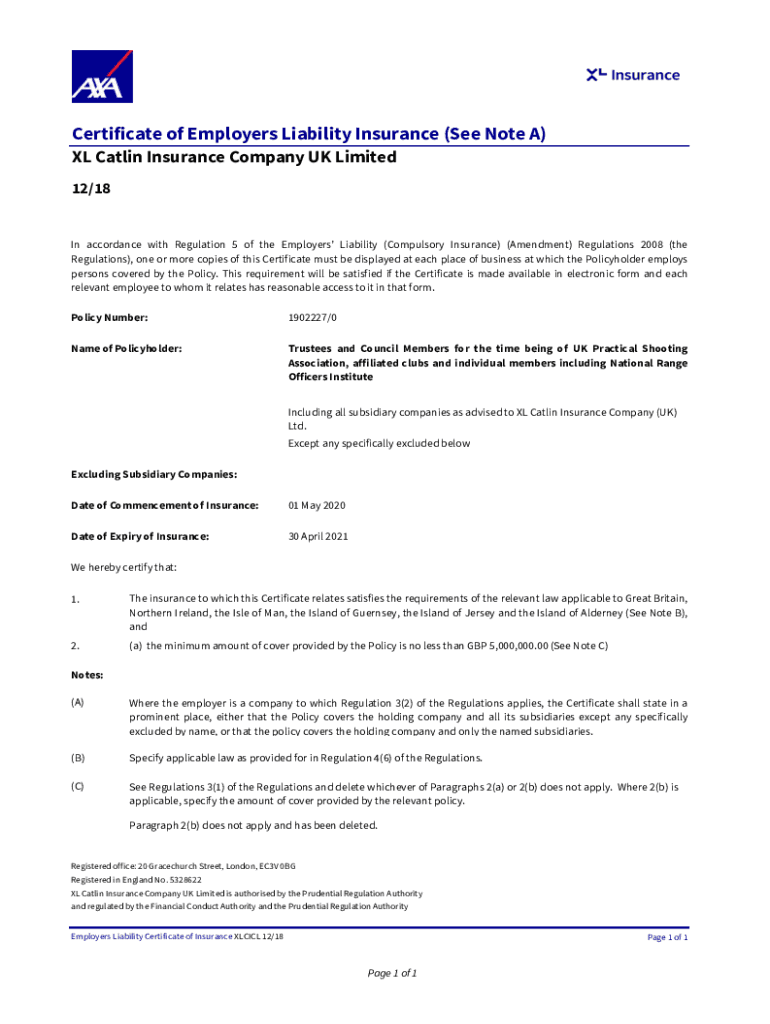 Fillable Online Certificate of Employers' Liability Insurance (See Note ...