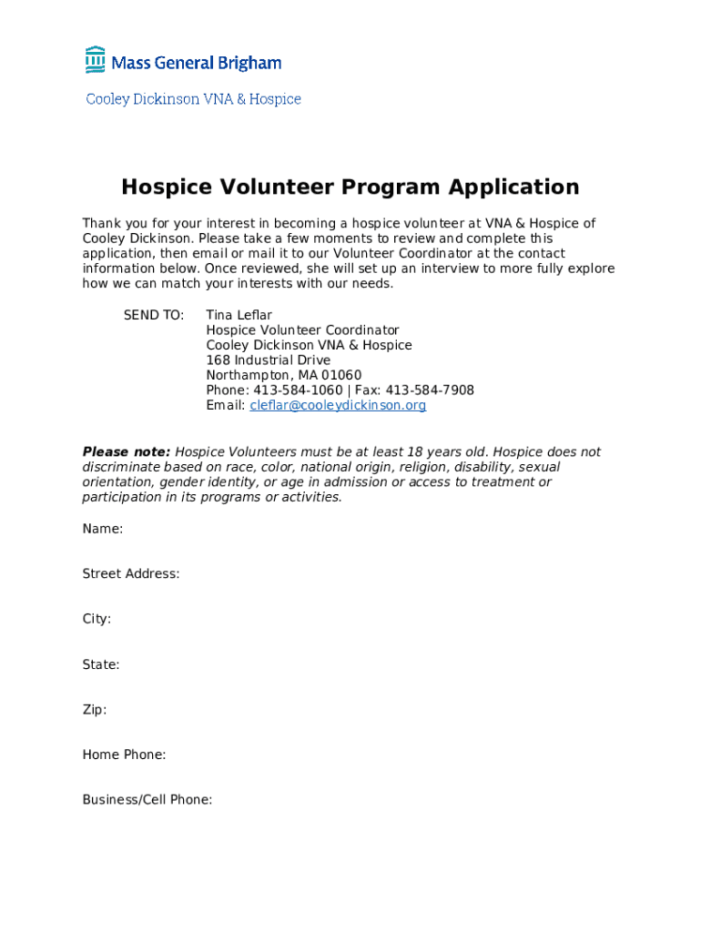 Hospice Volunteer Program Application Doc Template | pdfFiller