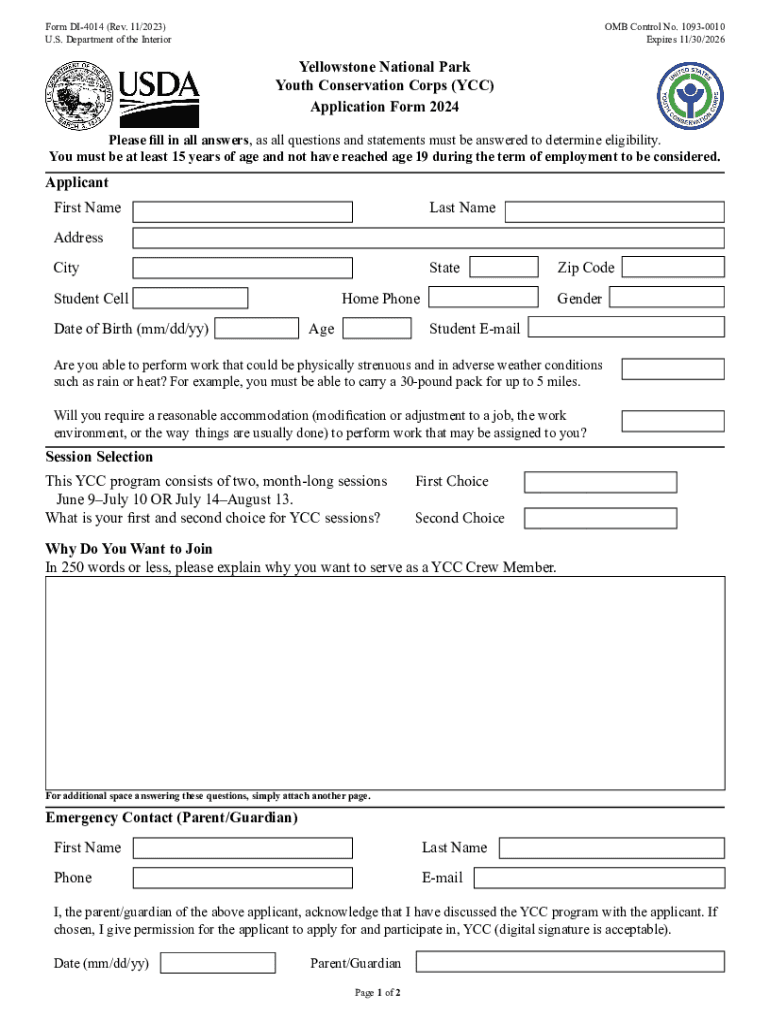 Fillable Online Yellowstone National Park Youth Conservation Corps (YCC ...