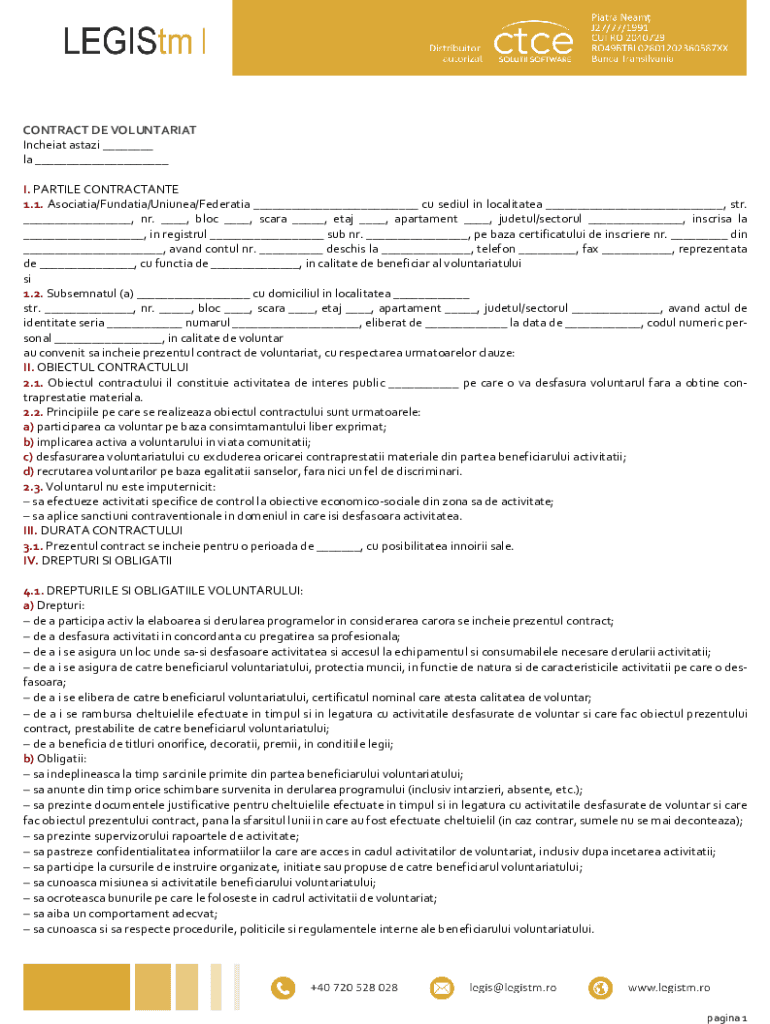 Fillable Online CONTRACT DE VOLUNTARIAT Incheiat astazila Fax Email ...