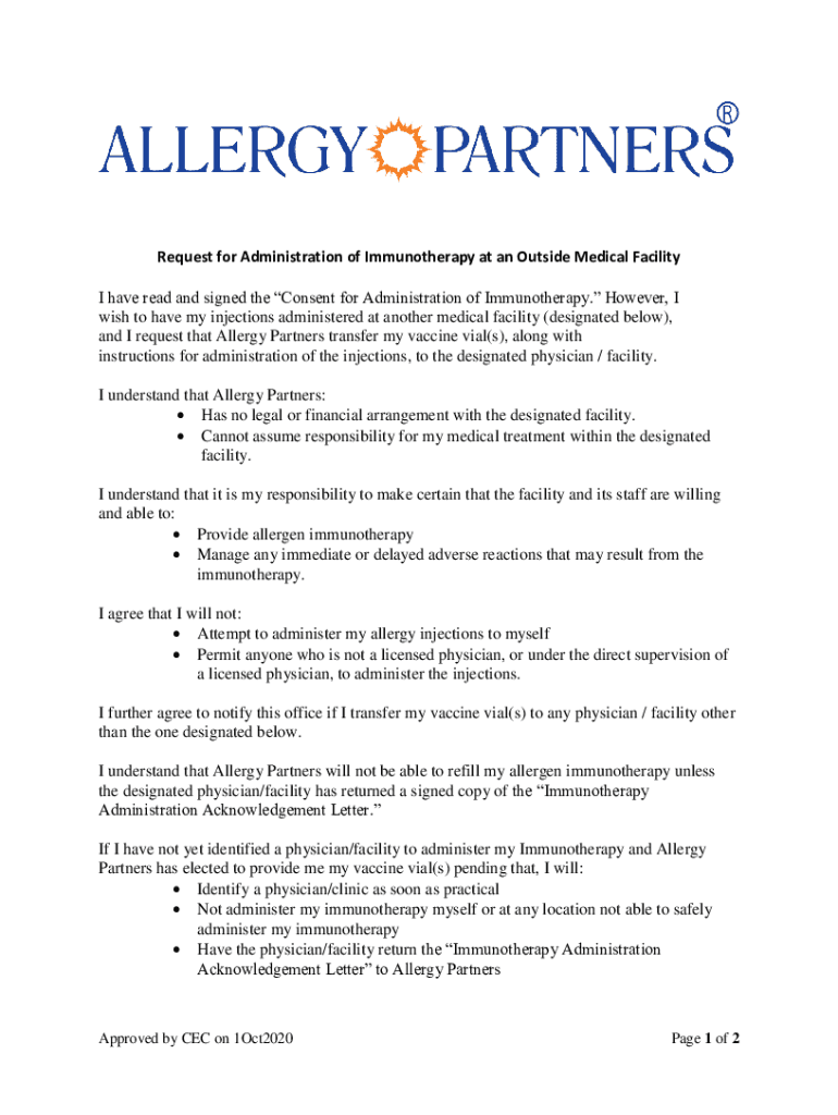 Fillable Online Allergy Immunotherapy at Outside Medical Facility Fax ...