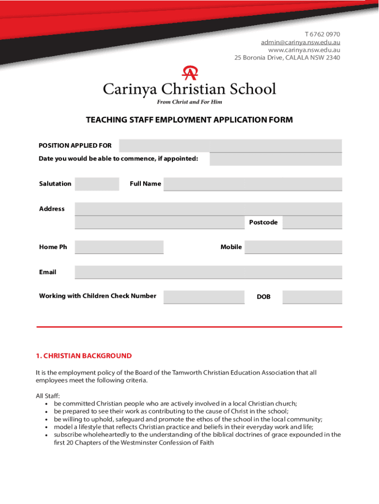 Fillable Online Teaching Staff Employment Application (Tamworth) Fax Email Print - pdfFiller