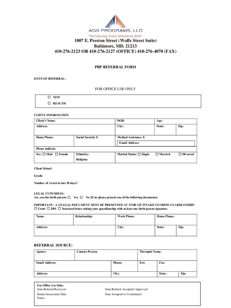 Fillable Online PRP ReferralMental Health Service in Baltimore ...