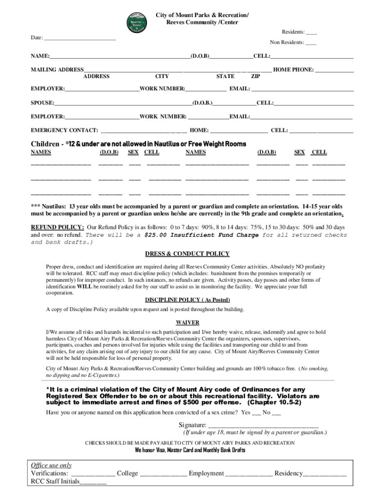 Fillable Online Reeves Community CenterMount Airy, NC - Official ...