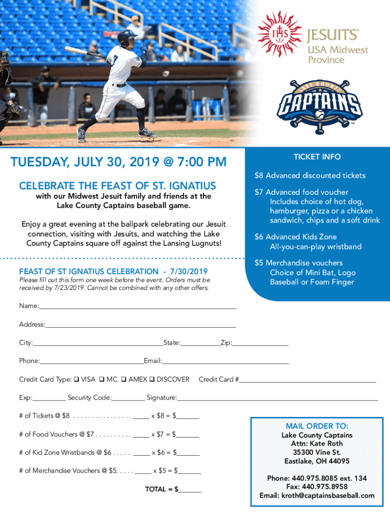 Fillable Online Feast of St. Ignatius at Lake County Captains Game Fax Email Print - pdfFiller