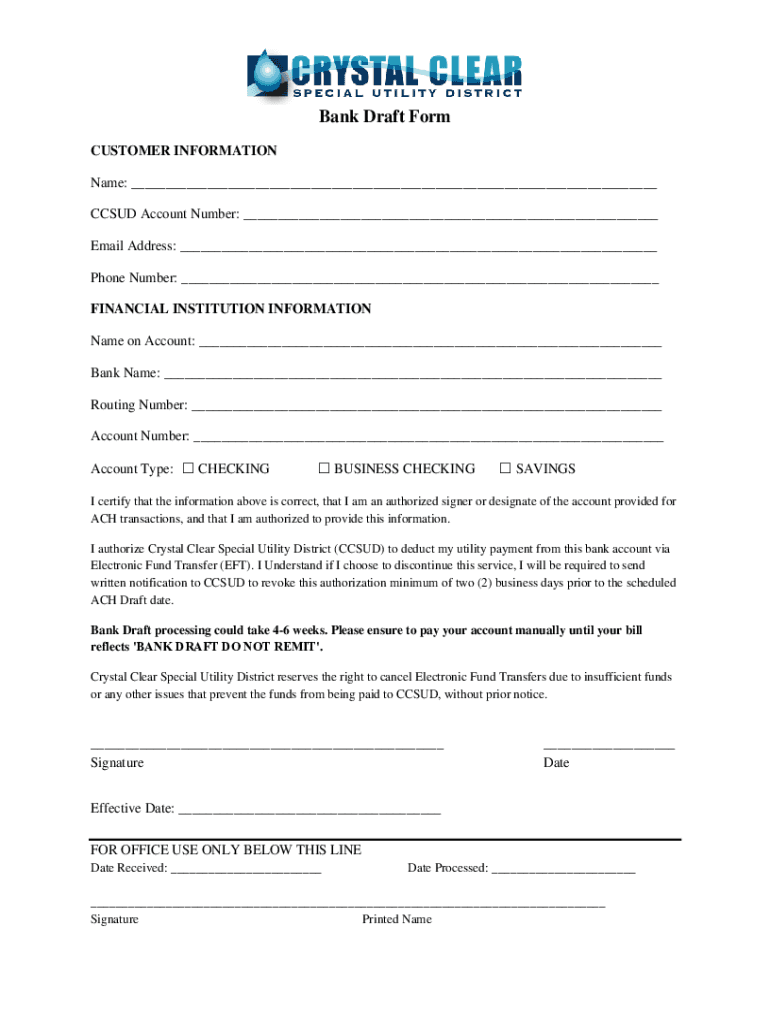 Fillable Online BANK DRAFT AUTHORIZATION FORM Name Fax Email Print ...