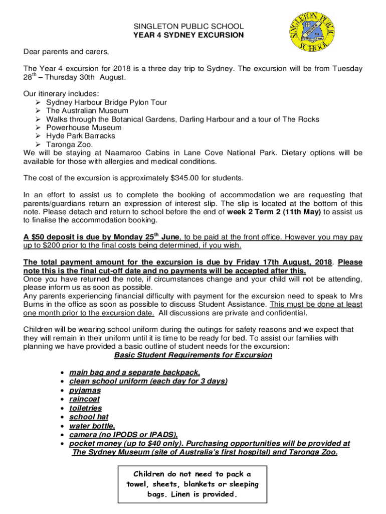Fillable Online Singleton Public School Year 4 Sydney Excursion Fax ...