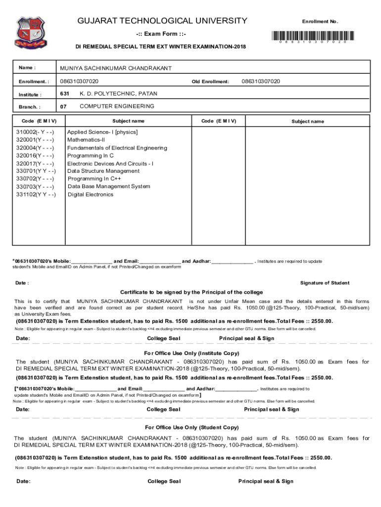 Fillable Online gujarat technological university - K. D. POLYTECHNIC, PATAN Fax Email Print ...
