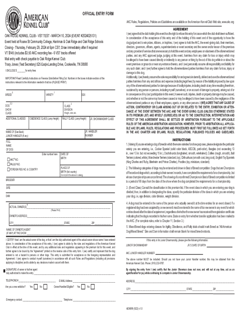 Fillable Online OAK RIDGE KENNEL CLUB - VST TEST - MARCH 10, 2024 ...