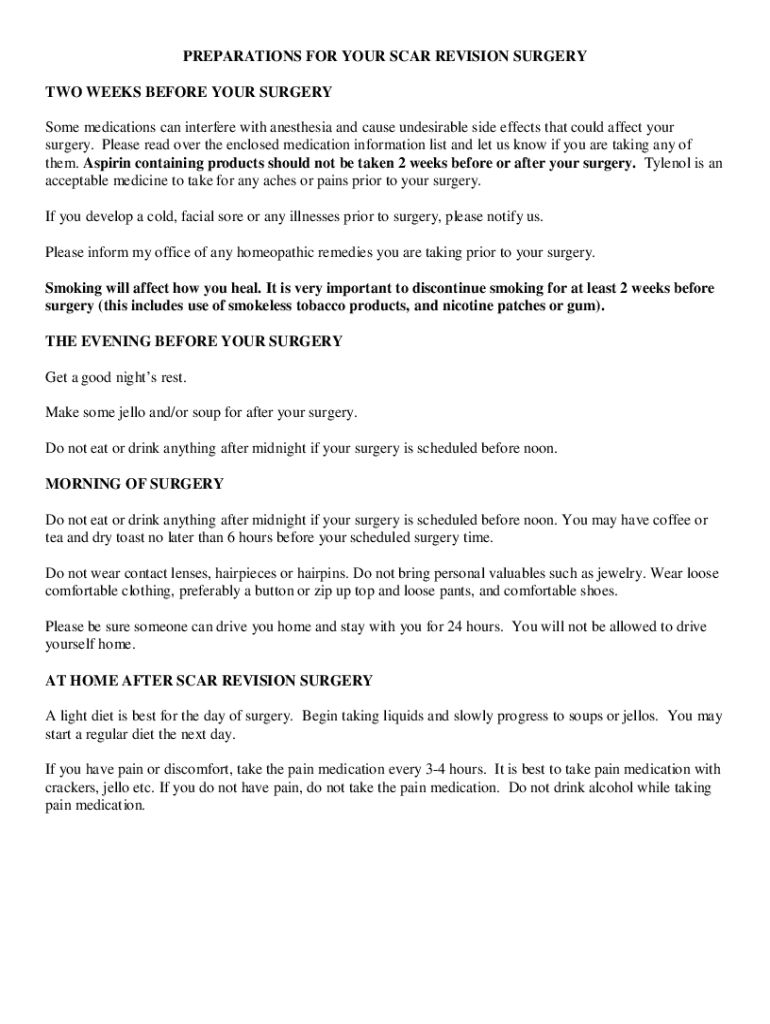 Fillable Online Preparations for your scar revision surgery two weeks ...