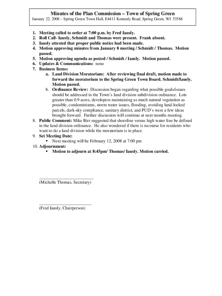 Fillable Online January 22, 2008 Spring Green Town Hall, E4411 Kennedy ...