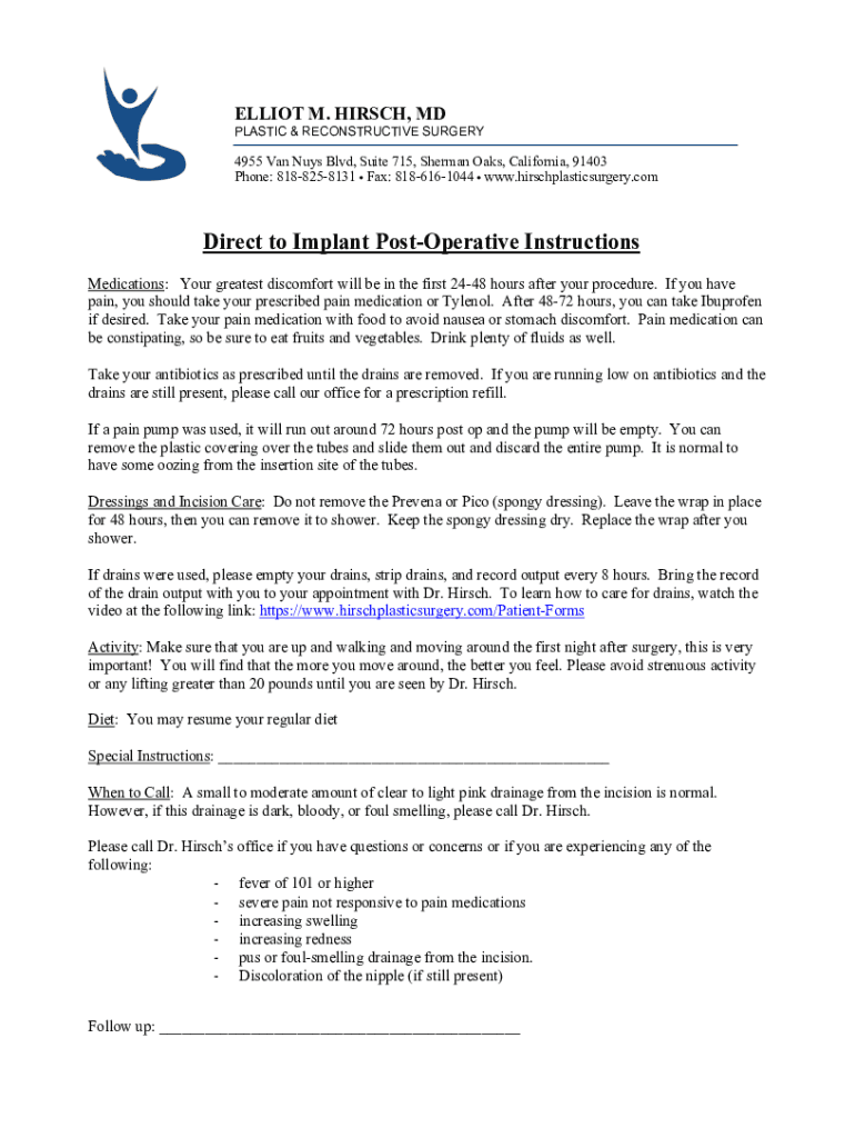 Fillable Online Direct To Implant Post Op Instructions Fax Email Print
