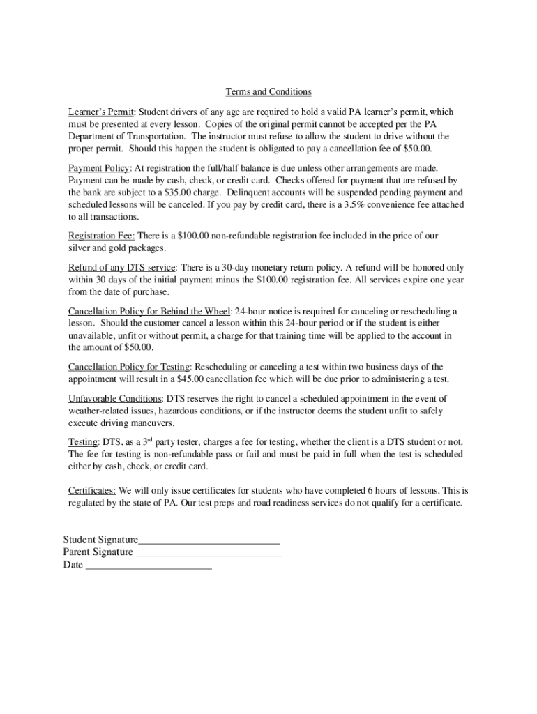 Fillable Online Terms and Conditions Learner's Permit: Student drivers of ... Fax Email Print ...