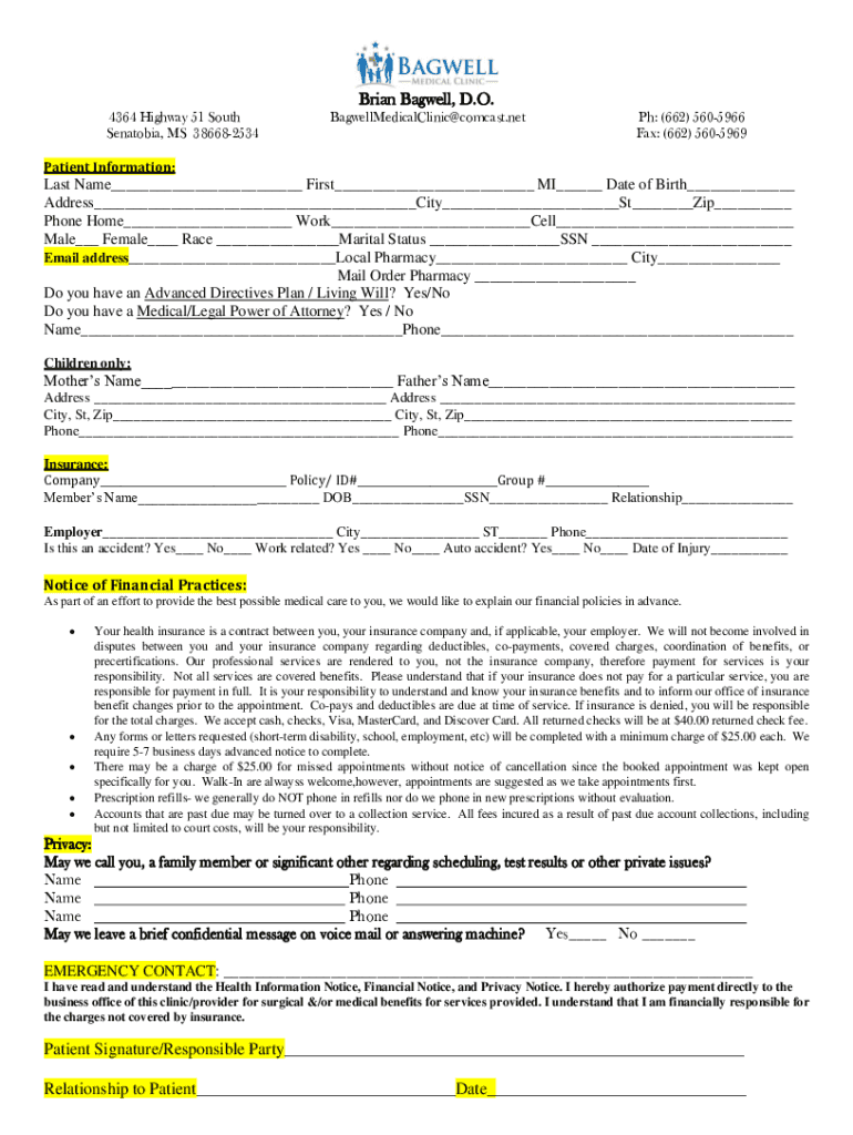 Fillable Online Brian Bagwell, D.O. Patient Signature/Responsible ...