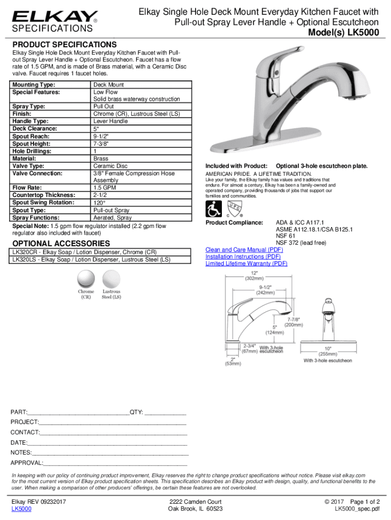 Fillable Online Elkay LK5000CR Everyday Single Handle Pull-Down ... Fax ...