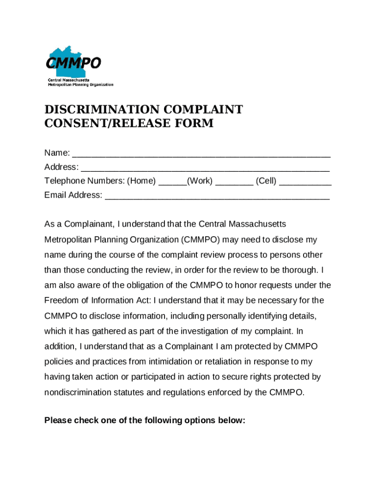 discrimination complaint consent/release Doc Template | pdfFiller