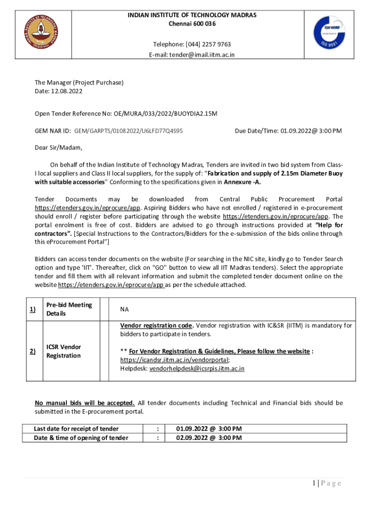 Fillable Online tenders iitm ac TendersIndian Institute of Technology ...
