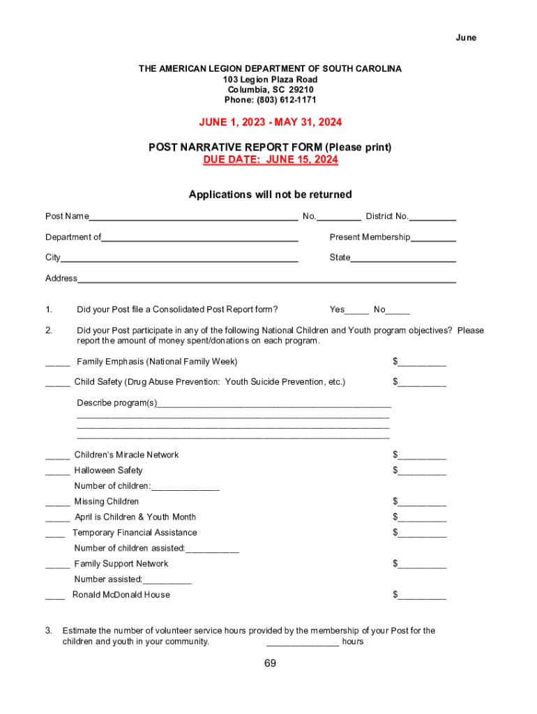 Fillable Online American Legion, 103 Legion Plaza Rd, Columbia, SC ...