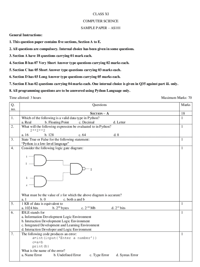 Fillable Online CS XI Sample Paper - CLASS XI COMPUTER SCIENCE ... Fax Email Print - pdfFiller