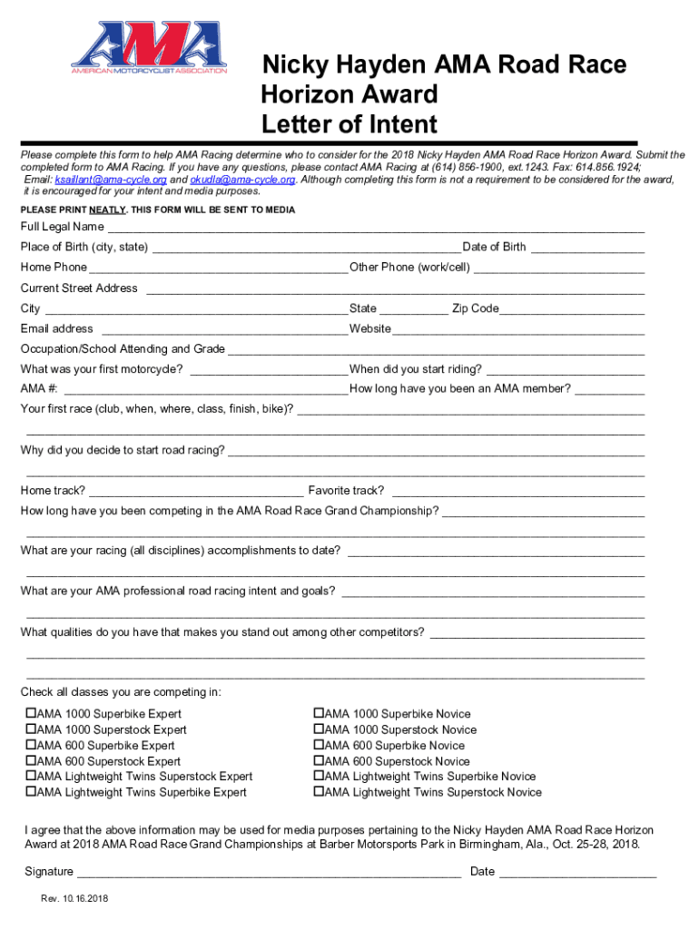 Fillable Online Nicky Hayden AMA Road Race Horizon Award Letter of ...