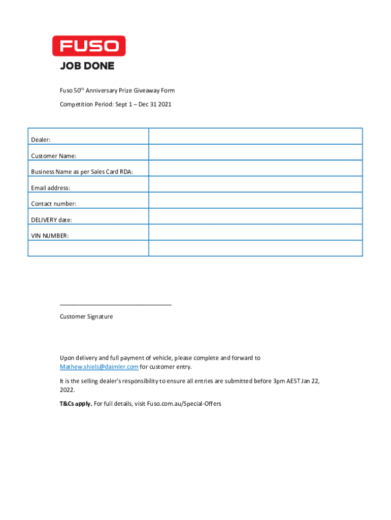 Fillable Online Fuso Q4 Canter 50th Anniversary Giveaway - Registration Form.docx Fax Email ...