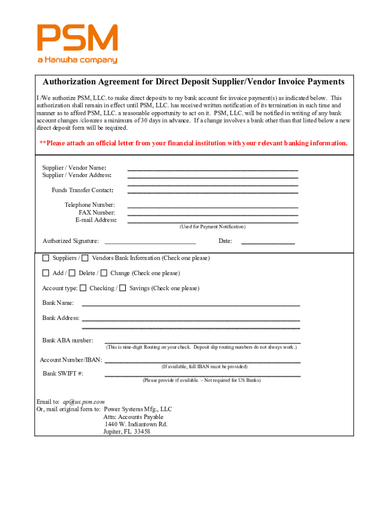 Fillable Online Authorization Agreement for Direct Deposit Supplier/Vendor ... Fax Email Print ...