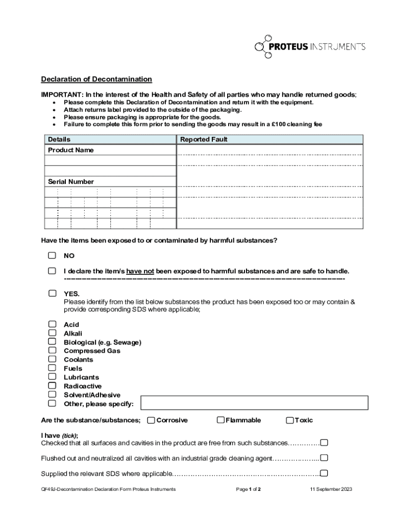 Fillable Online Service Request / Decontamination Declaration Fax Email ...