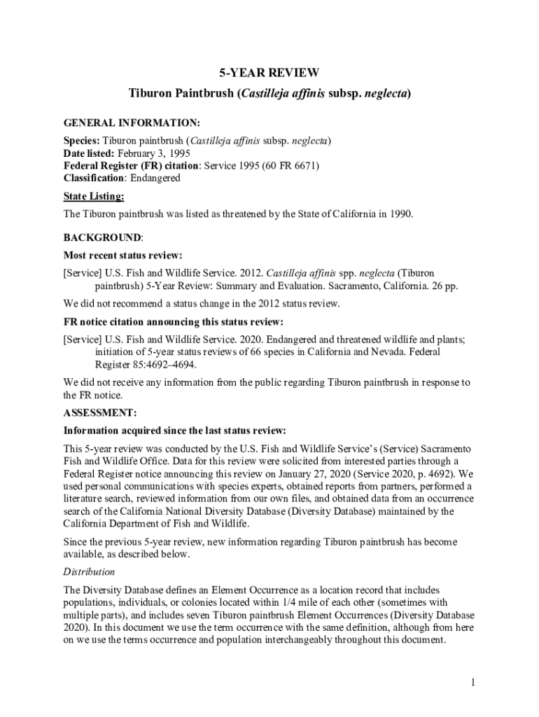 Fillable Online Tiburon Paintbrush - California Department of Fish and ...