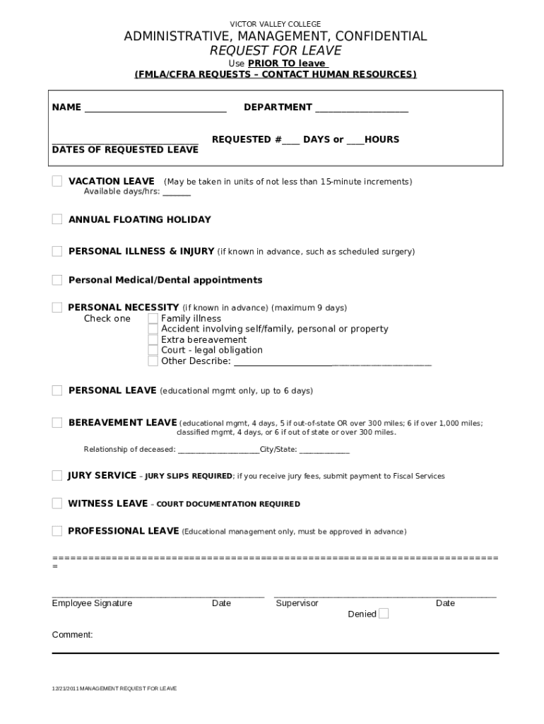Human Resource Services - Application for FMLA/CFRA Doc Template ...