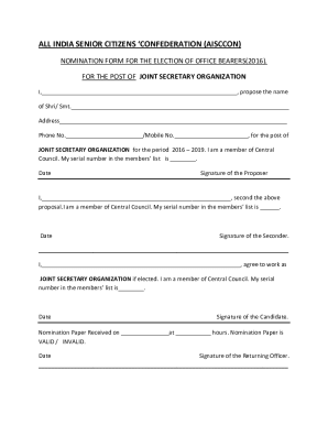 Fillable Online AISCCON Office bearers election 2016 nomination form ...
