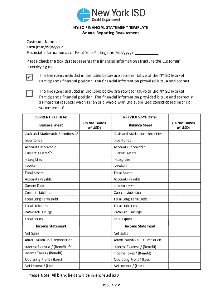 Fillable Online NYISO FINANCIAL STATEMENT TEMPLATE Annual Reporting ... Fax Email Print - pdfFiller