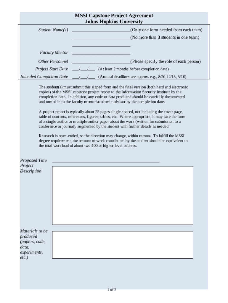 Project/Thesis Agreement for MSE Degree in Computer Science - isi jhu Doc Template | pdfFiller