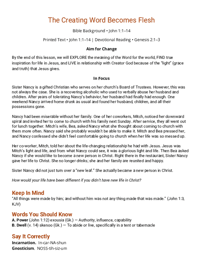 Fillable Online The Creating Word Becomes Flesh, LIVE Sunday school ...
