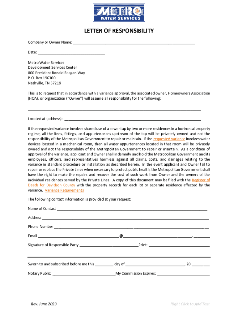 Fillable Online LETTER OF RESPONSIBILITY Nashville.gov Fax Email Print ...